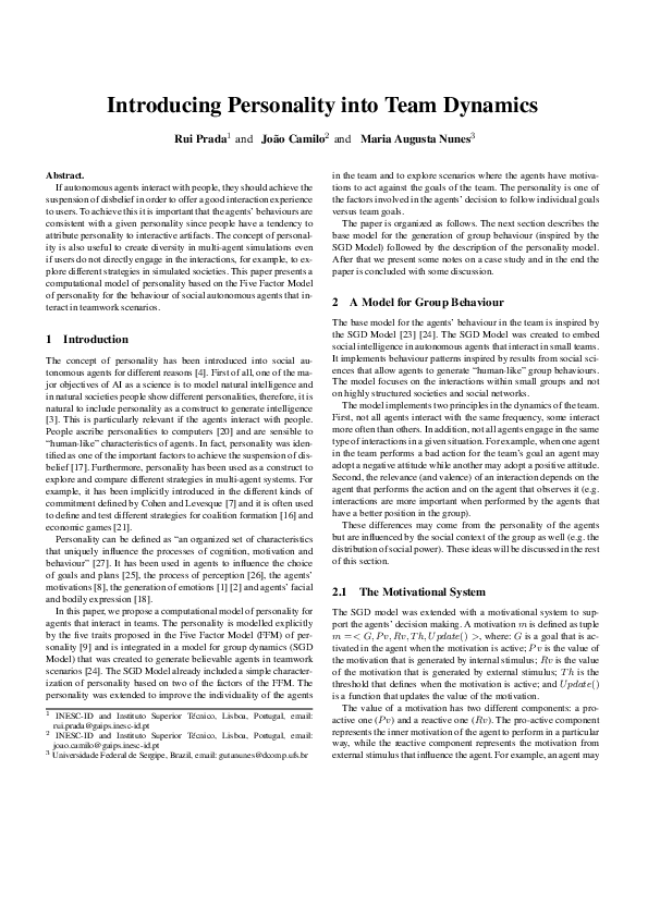 (PDF) Introducing personality into team dynamics