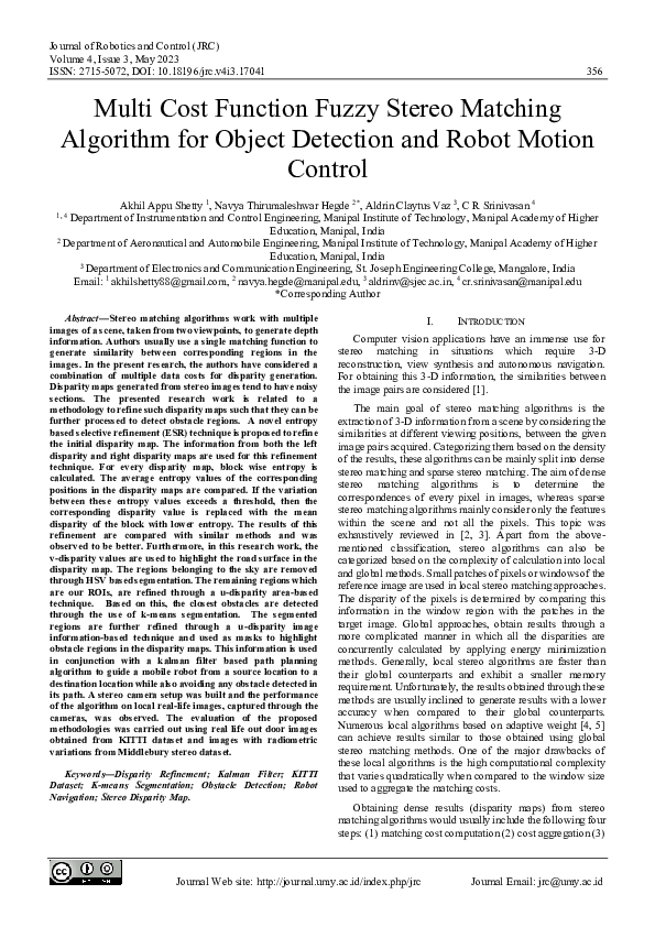 (PDF) Multi Cost Function Fuzzy Stereo Matching Algorithm for Object Detection and Robot Motion ...
