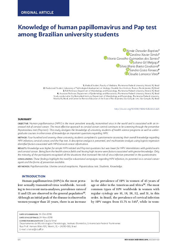 (PDF) Knowledge of human papillomavirus and Pap test among Brazilian ...