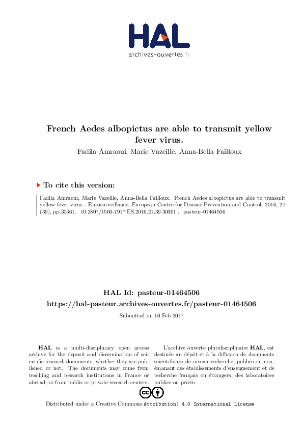 (PDF) French Aedes albopictus are able to transmit yellow fever virus