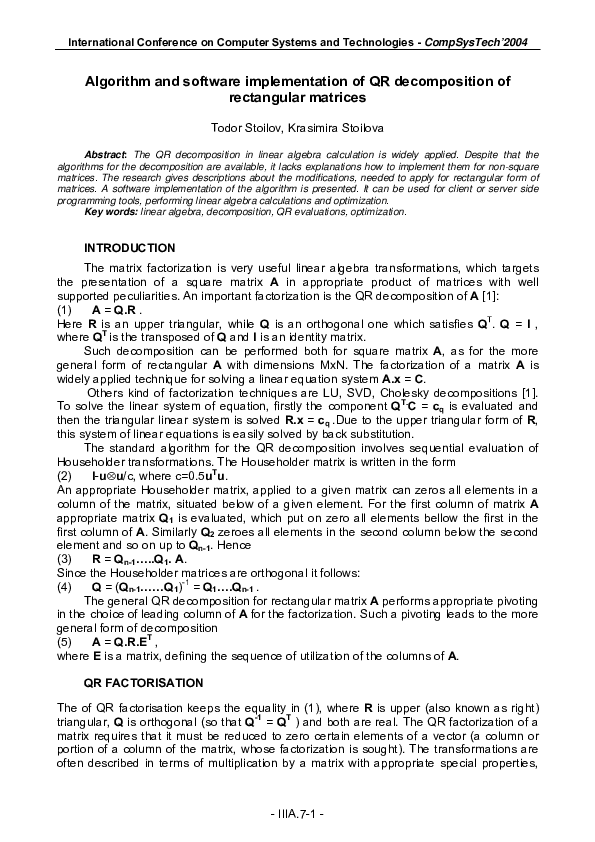 (PDF) Algorithm and software implementation of QR decomposition of rectangular matrices