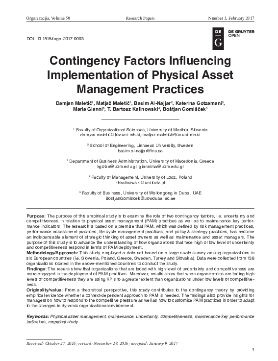 (PDF) Contingency Factors Influencing Implementation of Physical Asset Management Practices