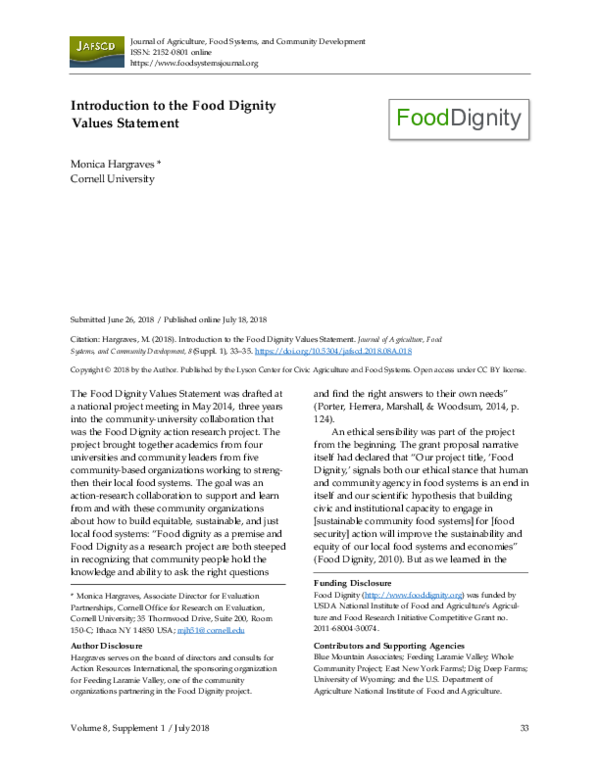 (PDF) Introduction to the Food Dignity Values Statement
