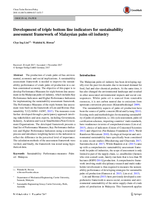 (PDF) Development of triple bottom line indicators for sustainability assessment framework of ...