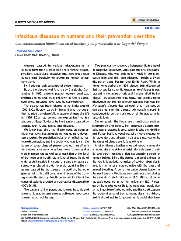 (PDF) Infectious diseases in humans and their prevention over time