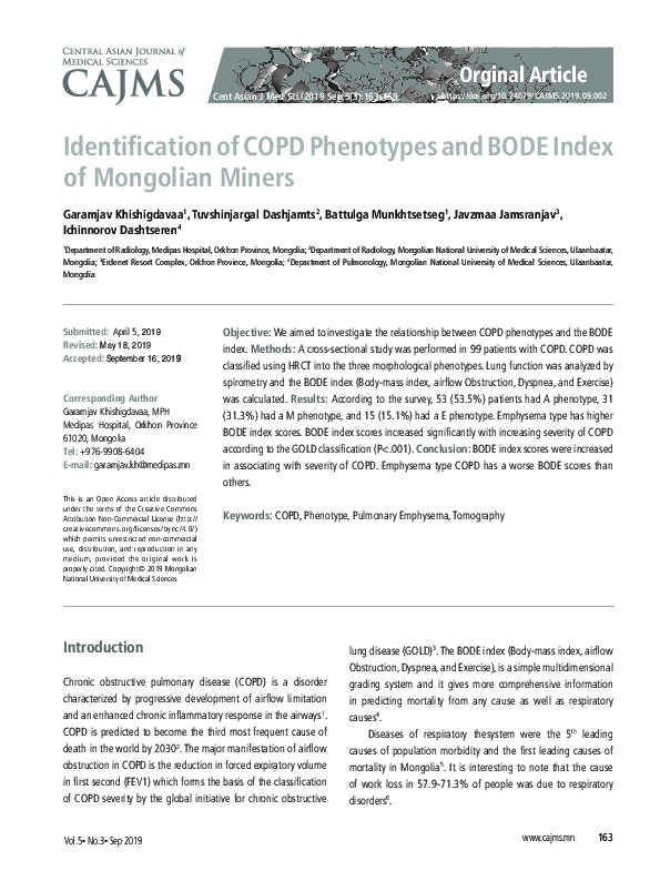 (PDF) Identification of COPD Phenotypes and BODE Index of Mongolian Miners