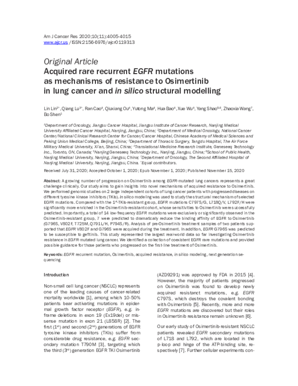 (PDF) Acquired rare recurrent EGFR mutations as mechanisms of resistance to Osimertinib in lung ...