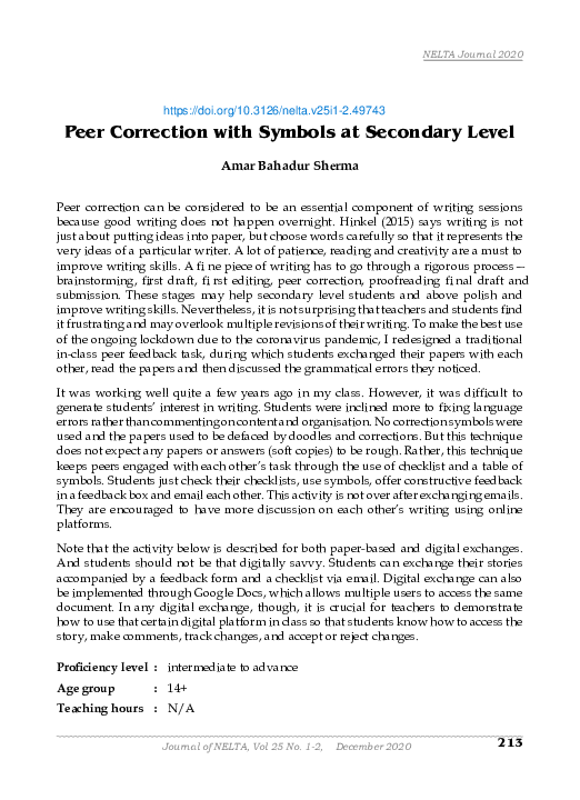 (PDF) Peer Correction with Symbols at Secondary Level