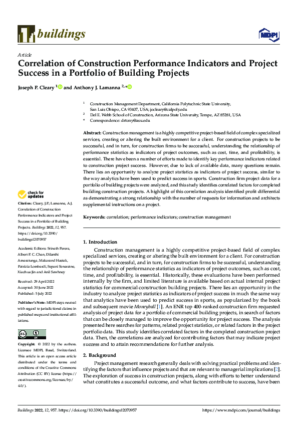 (PDF) Correlation of Construction Performance Indicators and Project Success in a Portfolio of ...