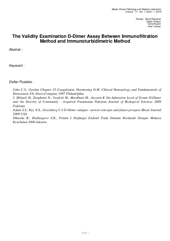 (PDF) The Validity Examination D-Dimer Assay Between Immunofiltration ...