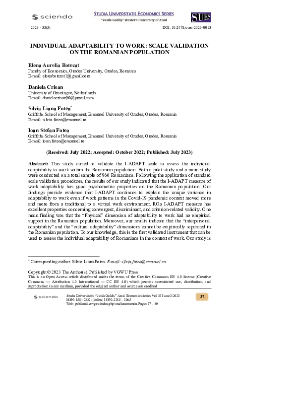 (PDF) Individual Adaptability to Work: Scale Validation on the Romanian ...