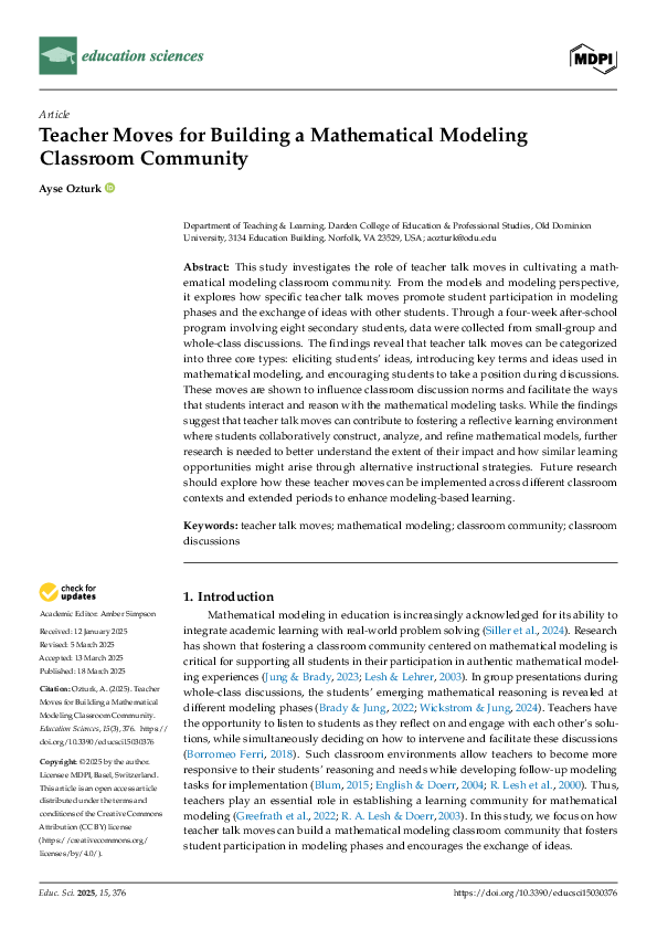 (PDF) Teacher Moves for Building a Mathematical Modeling Classroom ...