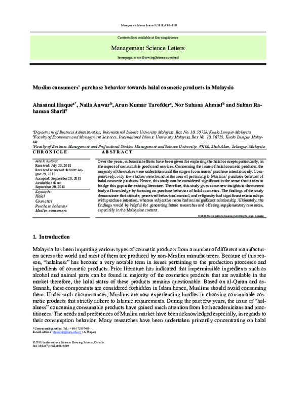 (PDF) Muslim consumers’ purchase behavior towards halal cosmetic products in Malaysia
