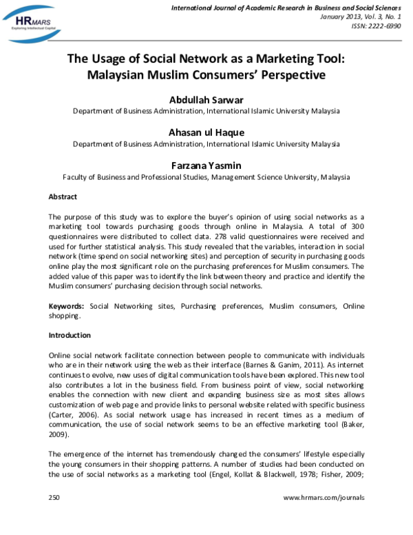 (PDF) The Usage of Social Network as a Marketing Tool: Malaysian Muslim Consumers' Perspective