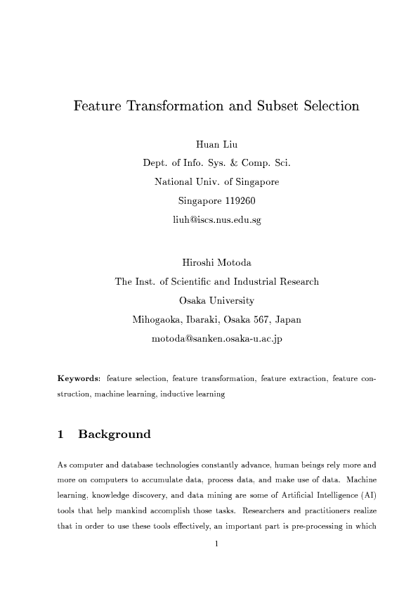 (PDF) Feature Transformation And Subset Selection