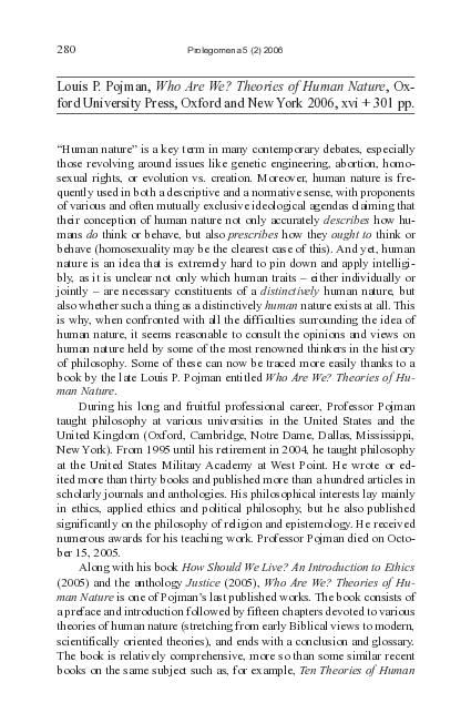 (PDF) Louis P. Pojman, Who Are We? Theories of Human Nature