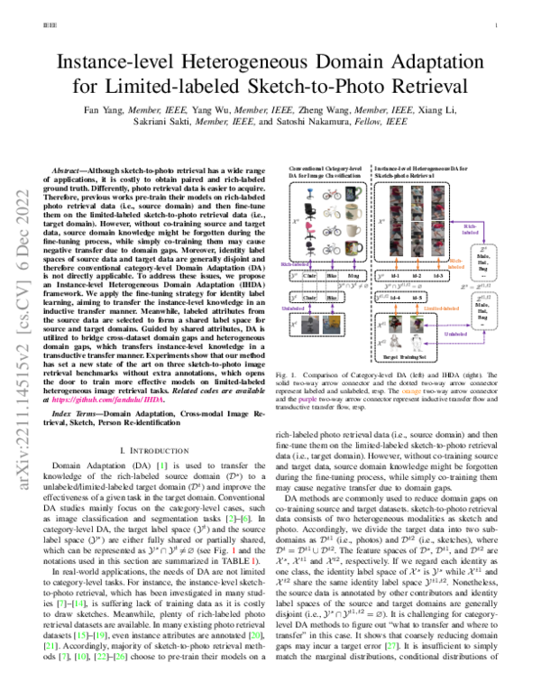 (PDF) Instance-level Heterogeneous Domain Adaptation for Limited-labeled Sketch-to-Photo Retrieval