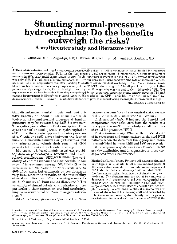 (PDF) Shunting normal‐pressure hydrocephalus: Do the benefits outweigh the risks?