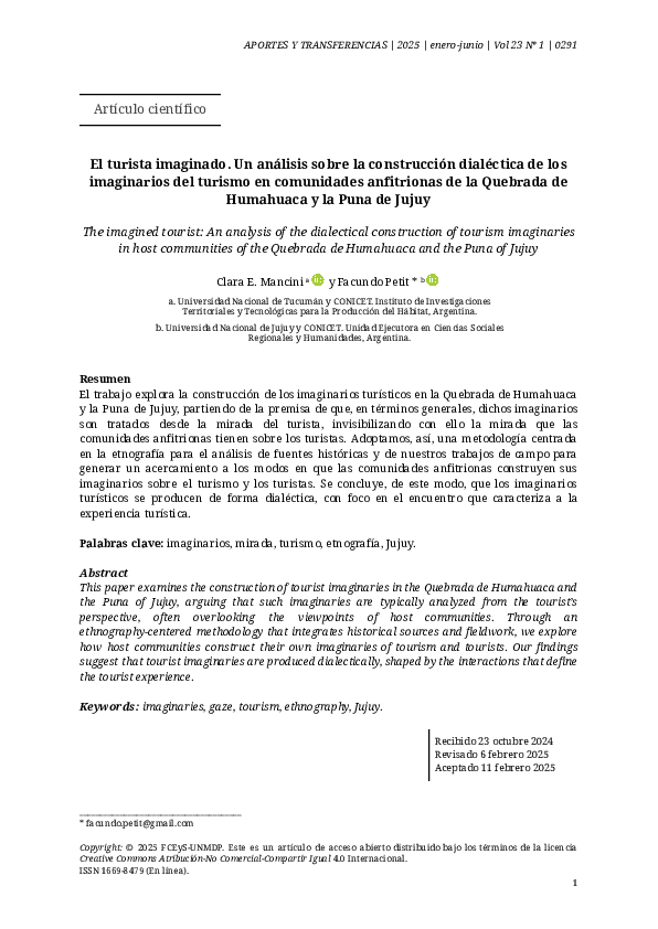 (PDF) 2025 - ARTÍCULO - El turista imaginado. Un análisis sobre la construcción dialéctica de ...