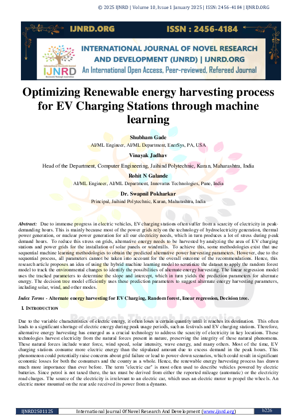 (PDF) Optimizing Renewable energy harvesting process for EV Charging Stations through machine ...