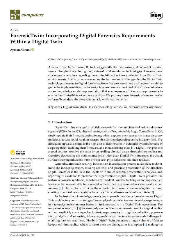 (PDF) ForensicTwin: Incorporating Digital Forensics Requirements Within ...