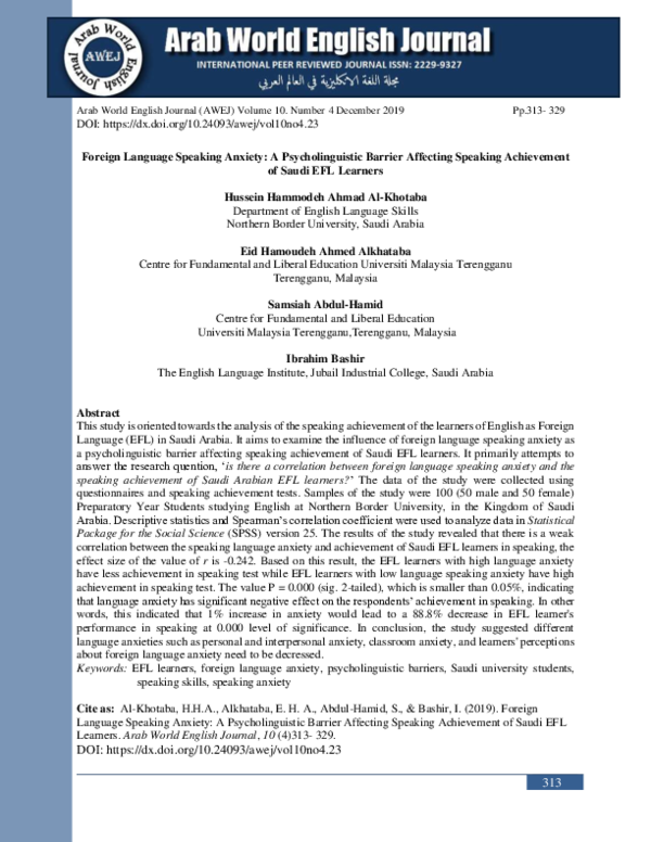 (PDF) Foreign Language Speaking Anxiety: A Psycholinguistic Barrier ...
