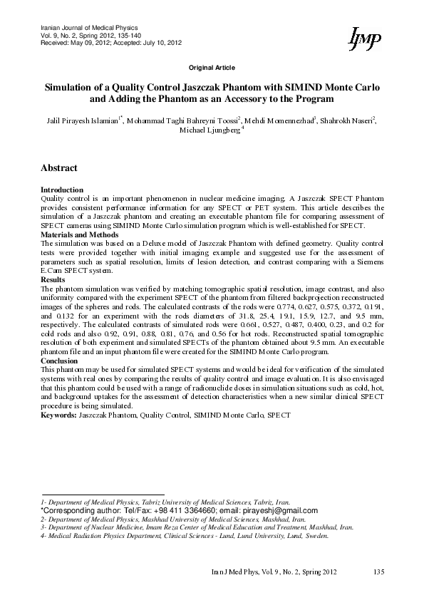 (PDF) Simulation of a Quality Control Jaszczak Phantom with Simind Monte Carlo and Adding the ...