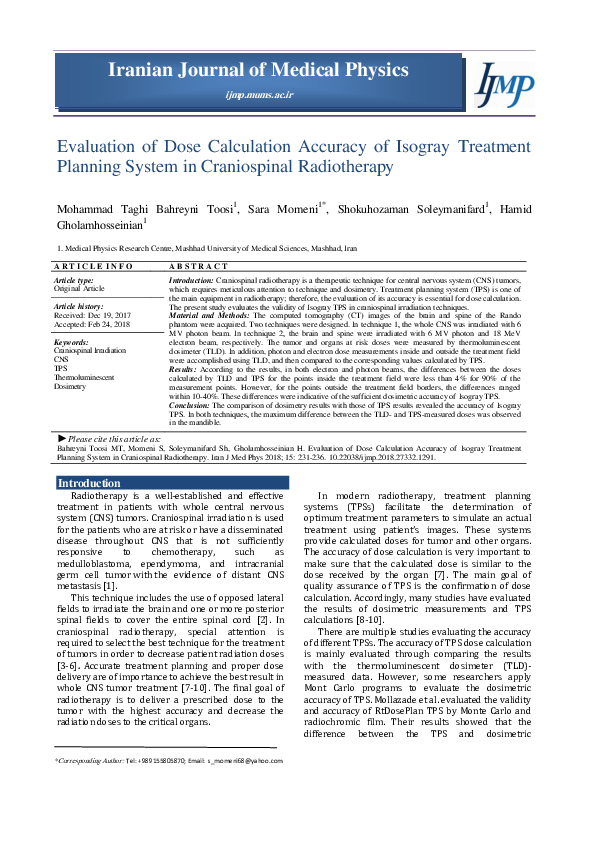 (PDF) Evaluation of Dose Calculation Accuracy of Isogray Treatment Planning System in ...