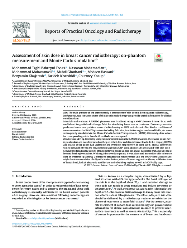 Pdf Assessment Of Skin Dose In Breast Cancer Radiotherapy On Phantom Measurement And Monte