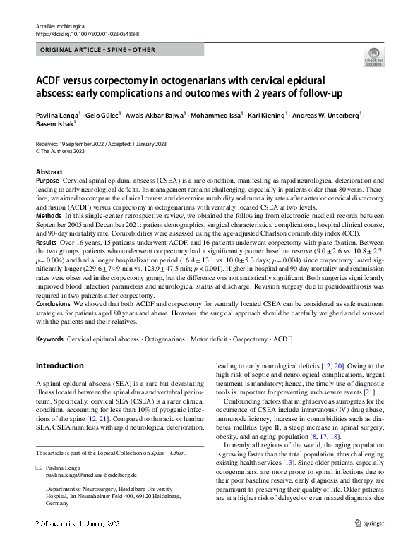 (PDF) ACDF versus corpectomy in octogenarians with cervical epidural ...