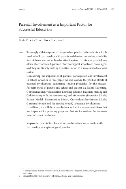 (PDF) Parental Involvement as a Important Factor for Successful Education