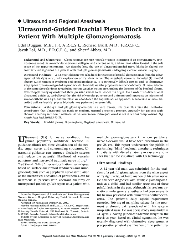 (PDF) Ultrasound-Guided Brachial Plexus Block in a Patient With Multiple Glomangiomatosis
