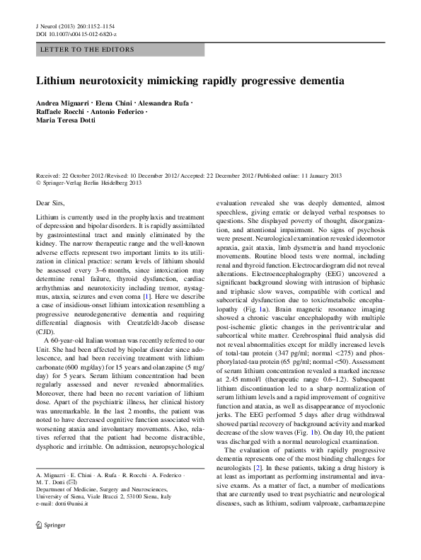 (PDF) Lithium neurotoxicity mimicking rapidly progressive dementia