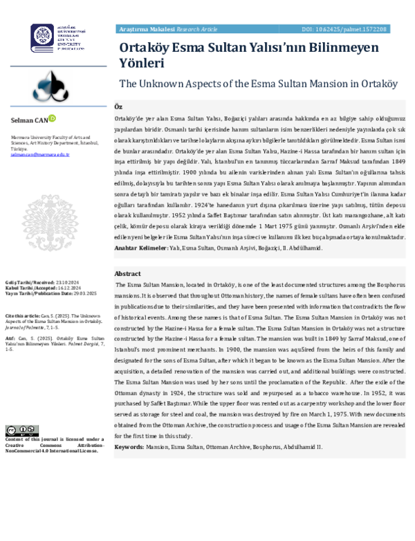 (PDF) Esma Sultan Yalısı nın Bilinmeyen Yonleri