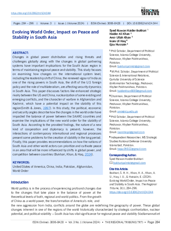 (PDF) Evolving World Order, Impact on Peace and Stability in South Asia