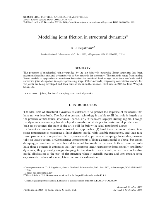 (PDF) Modelling joint friction in structural dynamics