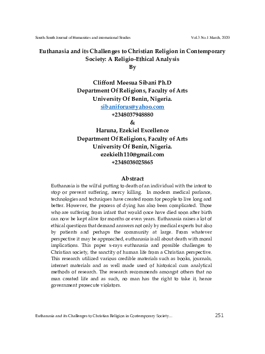 (PDF) Euthanasia and its Challenges to Christian Religion in ...