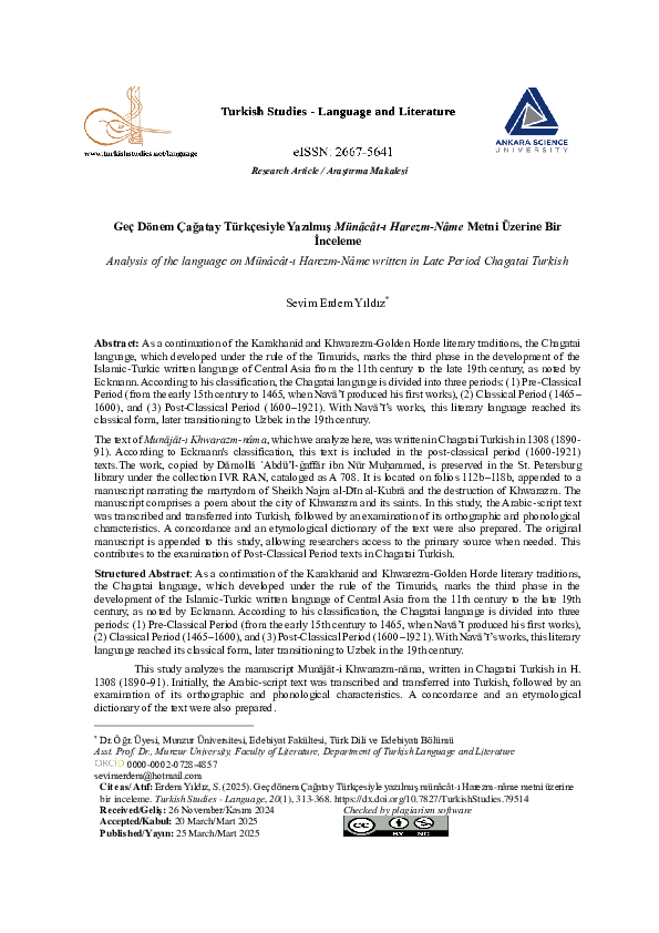 (PDF) Geç Dönem Çağatay Türkçesiyle Yazılmış Münâcât-ı Harezm-Nâme ...