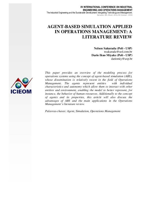 (PDF) Agent-Based Simulation Applied in Operations Management : A Literature Review