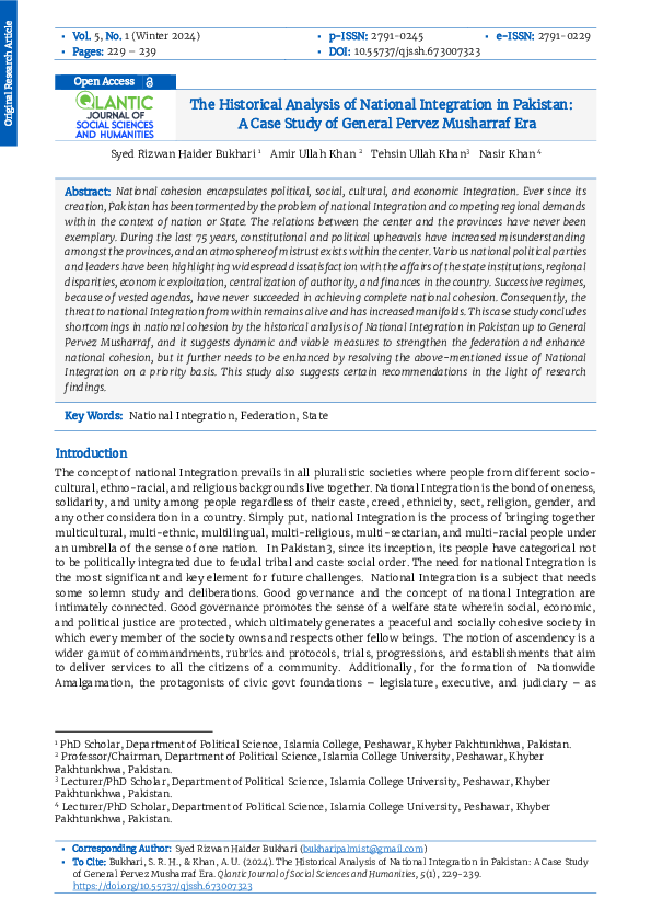 (PDF) The Historical Analysis of National Integration in Pakistan: A ...