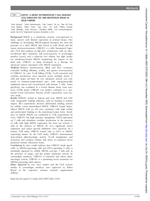 (PDF) 1384 LNK101, a highly differentiated T-cell engager (TCE) targeting CD3 and mesothelin ...