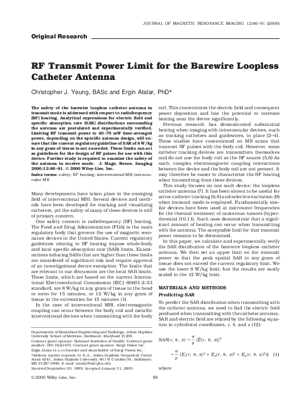 (PDF) RF Transmit Power Limit for the Barewire Loopless Catheter Antenna