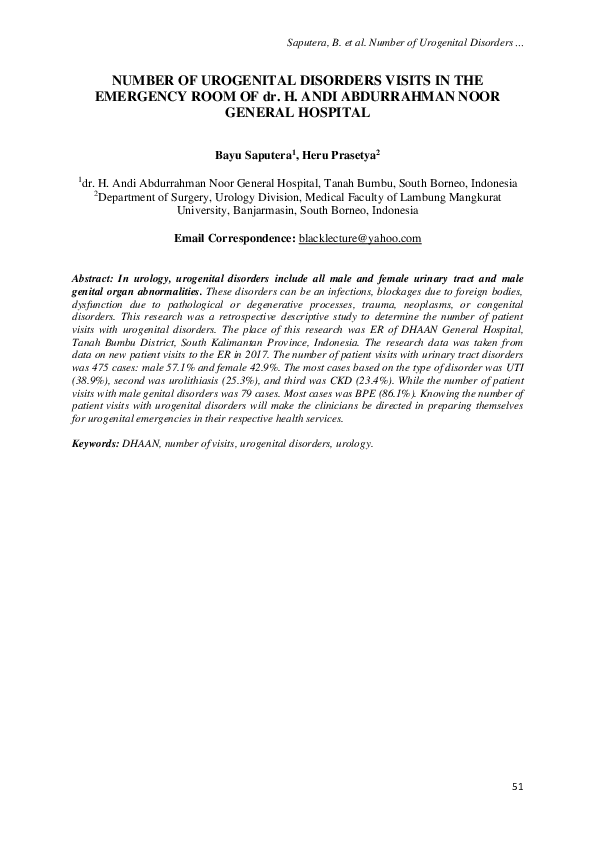 (PDF) Number of Urogenital Disorders Visits in The Emergency Room of dr ...