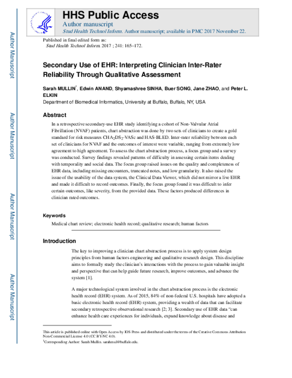 (PDF) Secondary Use of EHR: Interpreting Clinician Inter-Rater ...
