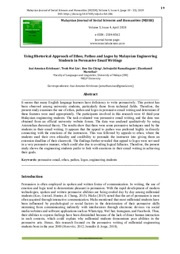 (PDF) Using Rhetorical Approach of Ethos, Pathos and Logos by Malaysian ...