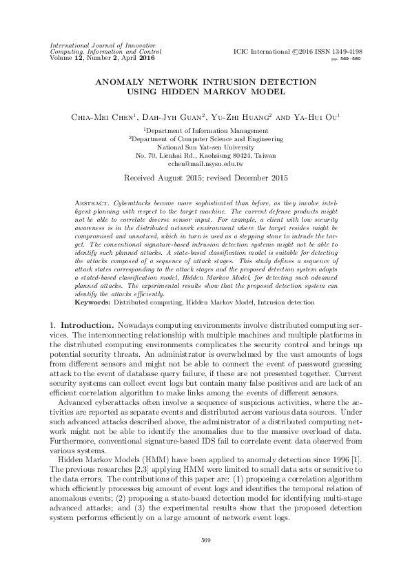 (PDF) Anomaly Network Intrusion Detection Using Hidden Markov Model