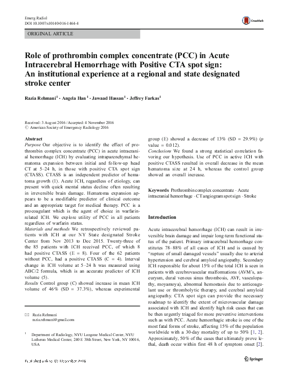 (PDF) Role of prothrombin complex concentrate (PCC) in Acute ...