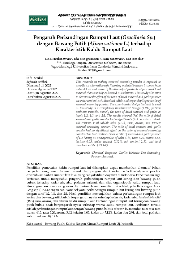 (PDF) Pengaruh Perbandingan Rumput Laut (Gracilaria Sp.) Dengan Bawang Putih (Alium sativum L ...