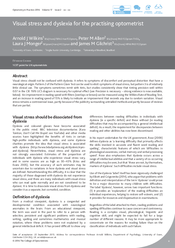 (PDF) Visual stress and dyslexia for the practicing optometrist