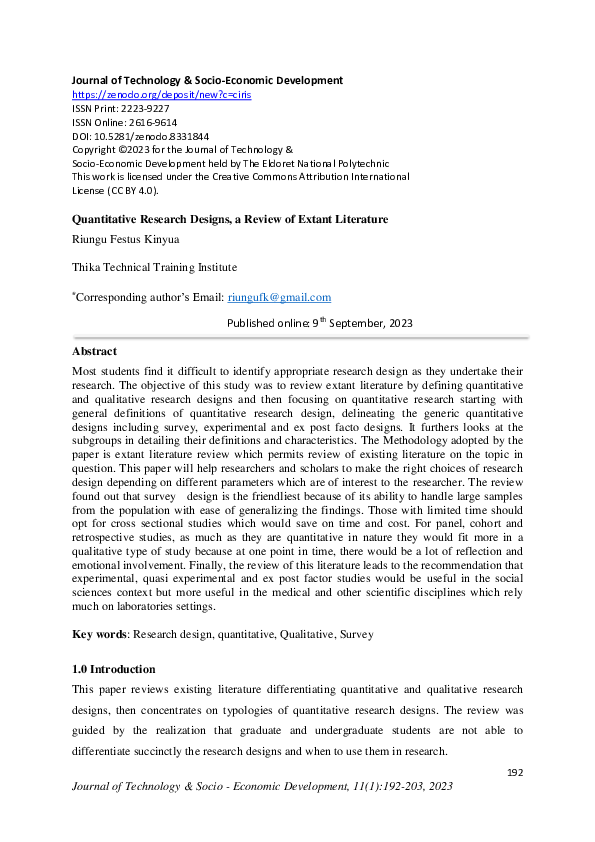 (PDF) Quantitative Research Designs, a Review of Extant Literature